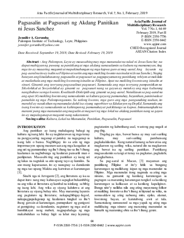 (PDF) Pagsasalin at Pagsusuri ng Akdang Panitikan ni