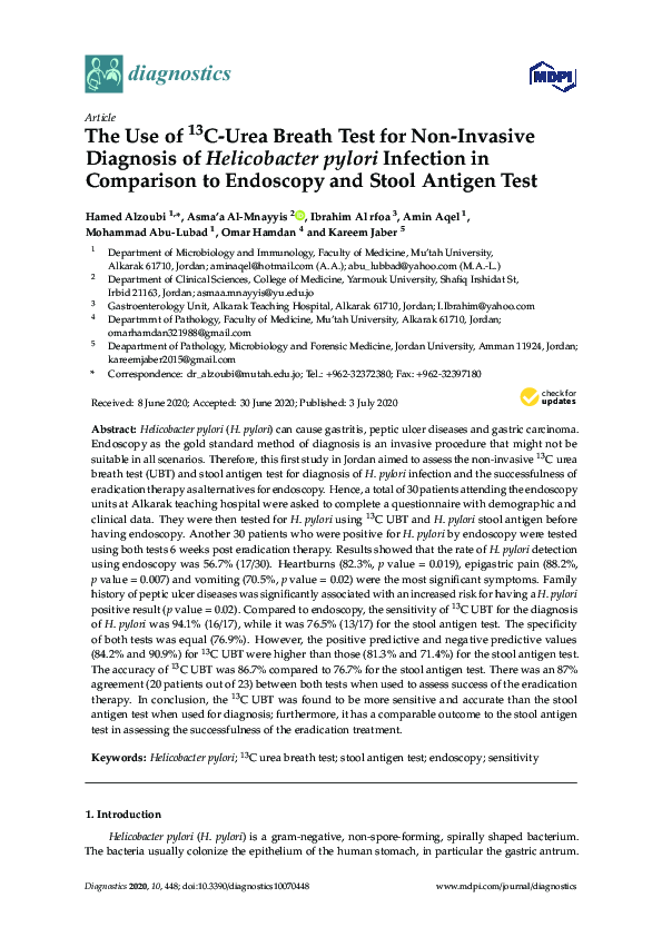 (PDF) The Use of 13C-Urea Breath Test for Non-Invasive Diagnosis of ...