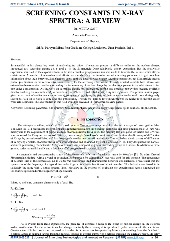 (PDF) Screening Constants in X-Ray Spectra: A Review