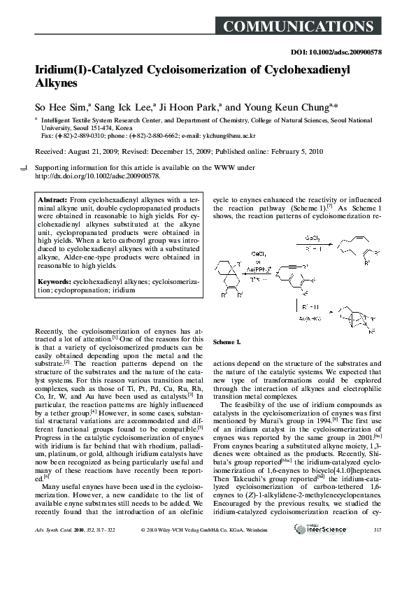 (PDF) Iridium(I)-Catalyzed Cycloisomerization of Cyclohexadienyl Alkynes