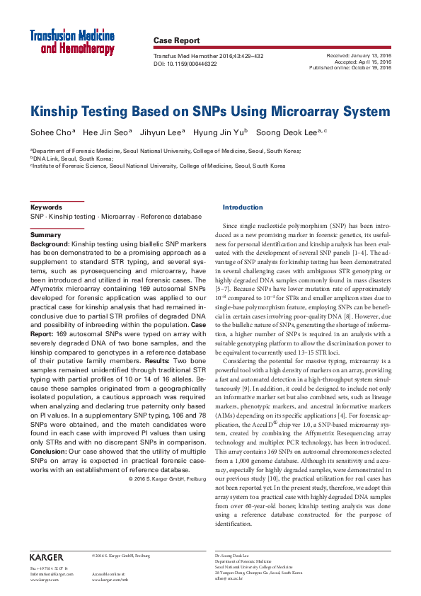 Pdf Kinship Testing Based On Snps Using Microarray System