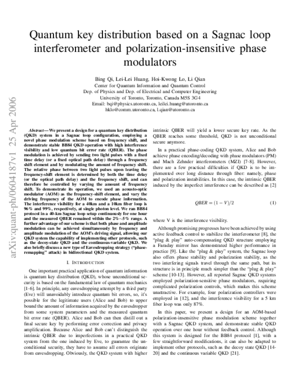 (PDF) Quantum key distribution based on a Sagnac loop interferometer and polarization ...