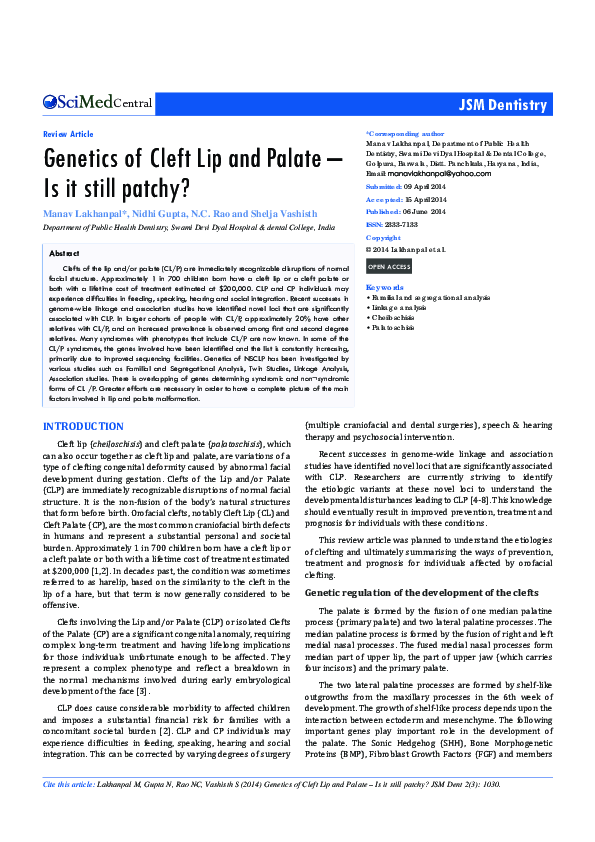 (PDF) Genetics of Cleft Lip and Palate - Is it still patchy?