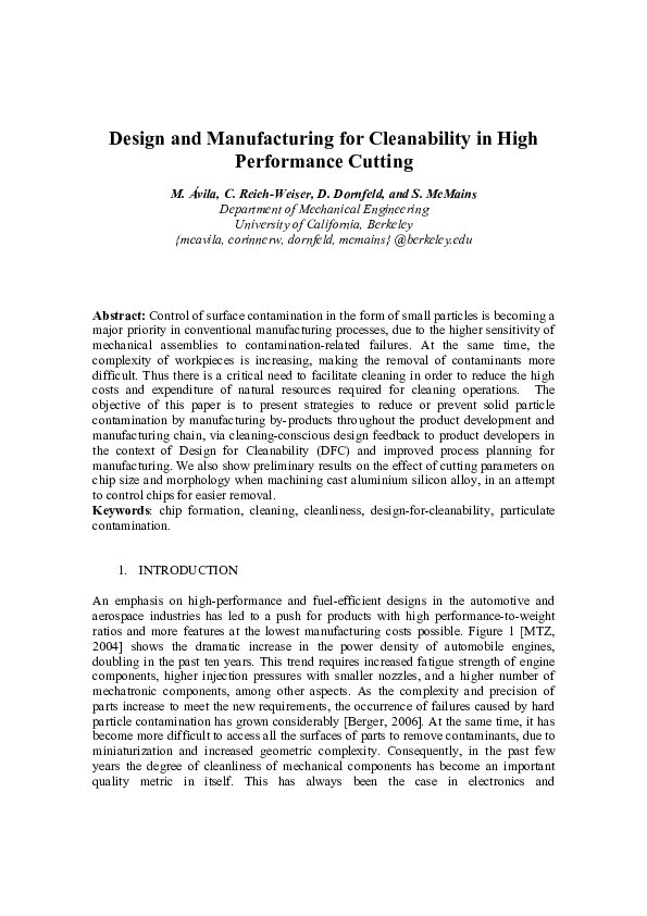 (PDF) Design and Manufacturing for Cleanability in High Performance Cutting