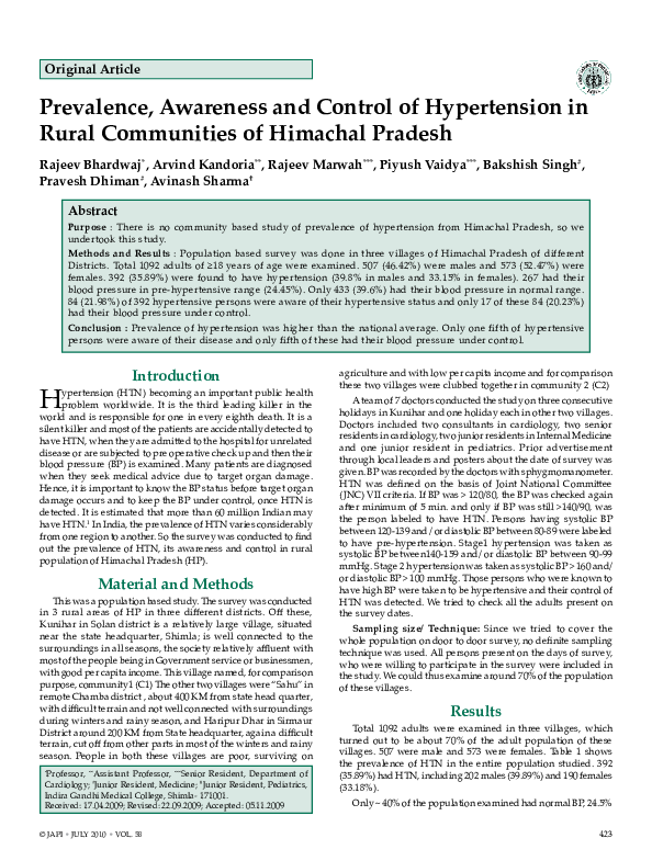 (PDF) Prevalence, awareness and control of hypertension in rural ...
