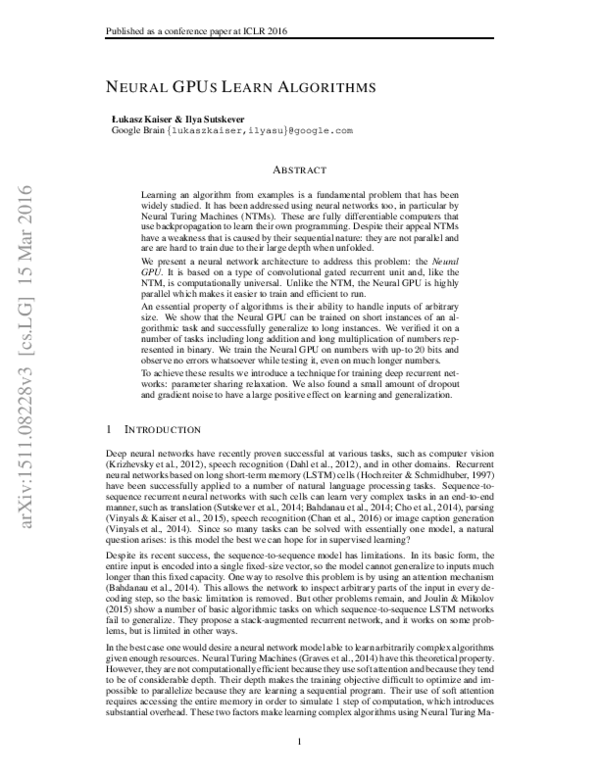 (PDF) Neural GPUs Learn Algorithms