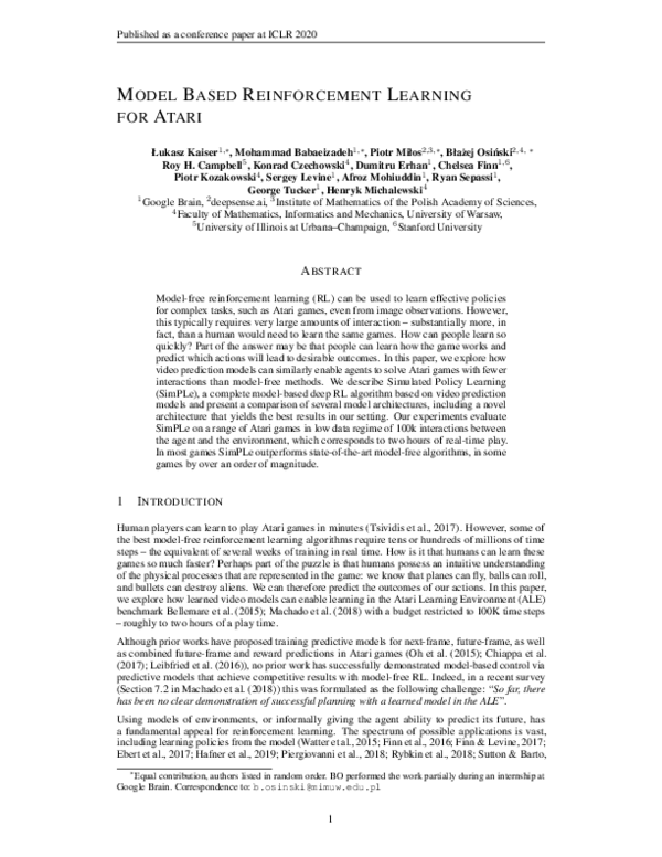 (PDF) Model-Based Reinforcement Learning for Atari (PDF) Model-Based Reinforcement Learning for Atari