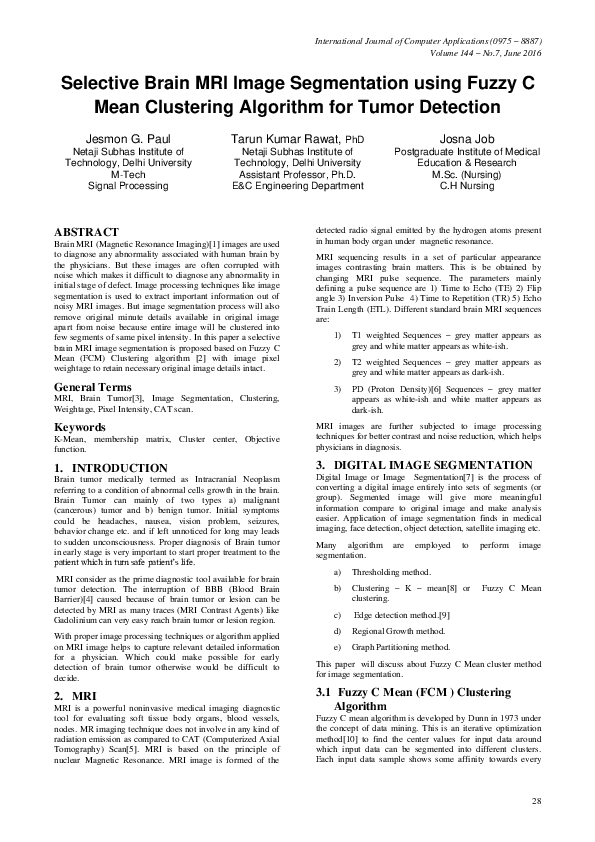(PDF) Selective Brain MRI Image Segmentation using Fuzzy C Mean Clustering Algorithm for Tumor ...