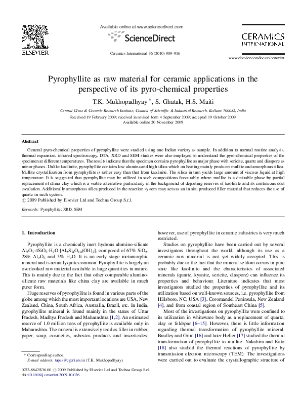 (PDF) Pyrophyllite as raw material for ceramic applications in the ...
