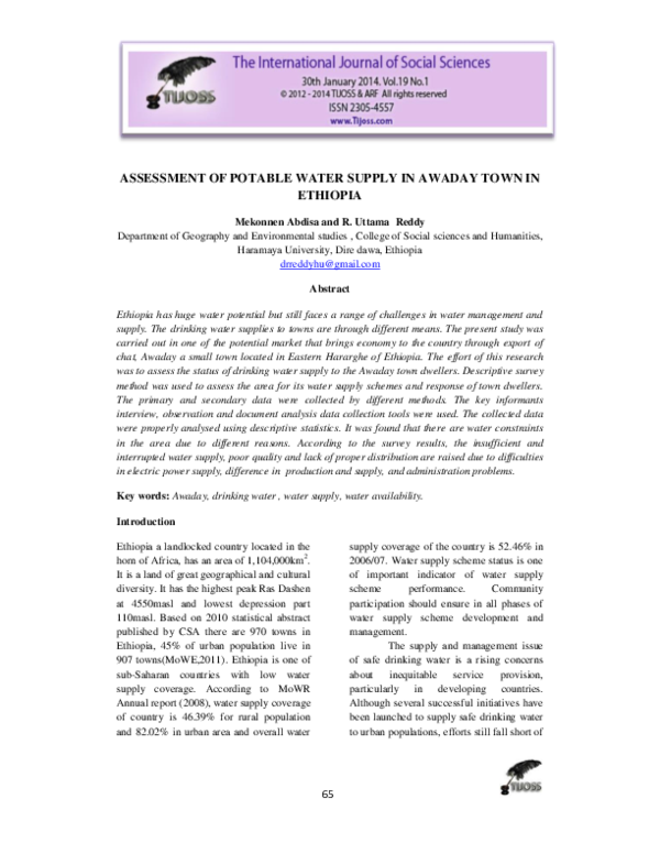 (PDF) Assessment of Potable Water Supply in Awaday Town in Ethiopia