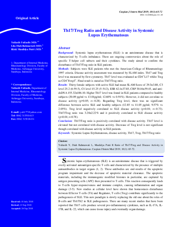 (PDF) Th17/Treg Ratio and Disease Activity in Systemic Lupus Erythematosus