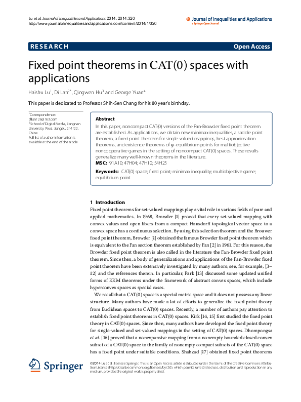 (PDF) Fixed point theorems in CAT(0) spaces with applications | Qingwen Hu - Academia.edu