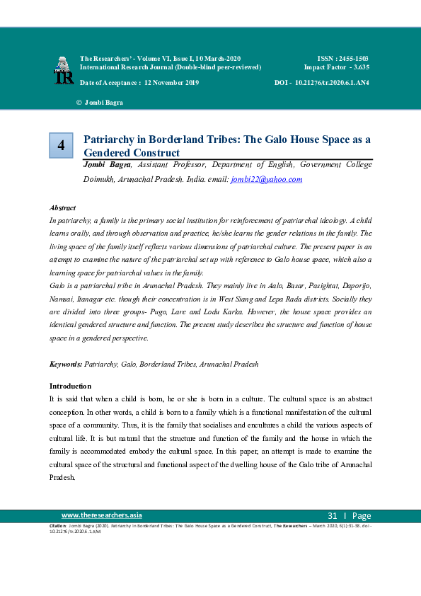 (PDF) Patriarchy in Borderland Tribes: The Galo House Space as a ...