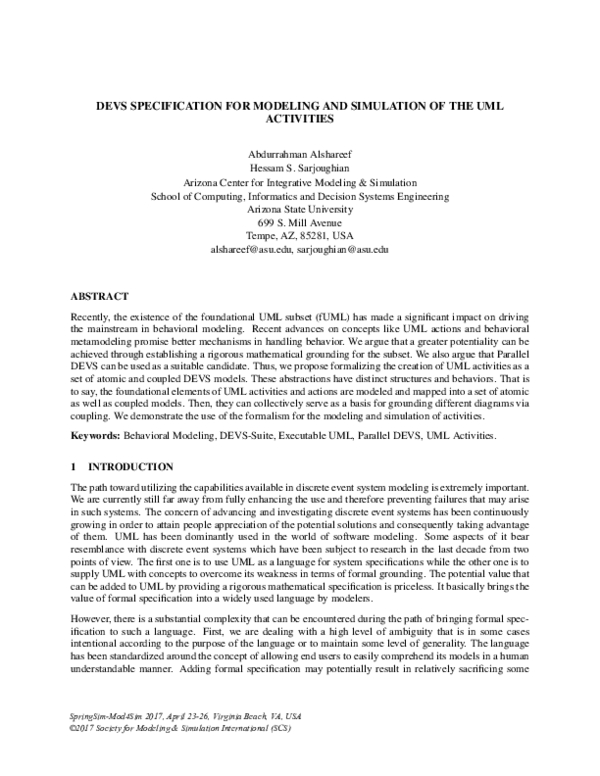 Pdf Devs Specification For Modeling And Simulation Of The Uml Activities