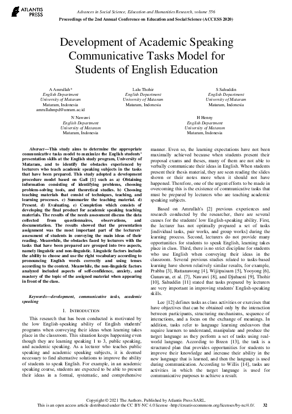 (PDF) Development of Academic Speaking Communicative Tasks Model for ...