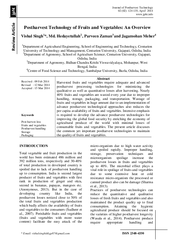 (PDF) Postharvest Technology of Fruits and Vegetables: An Overview