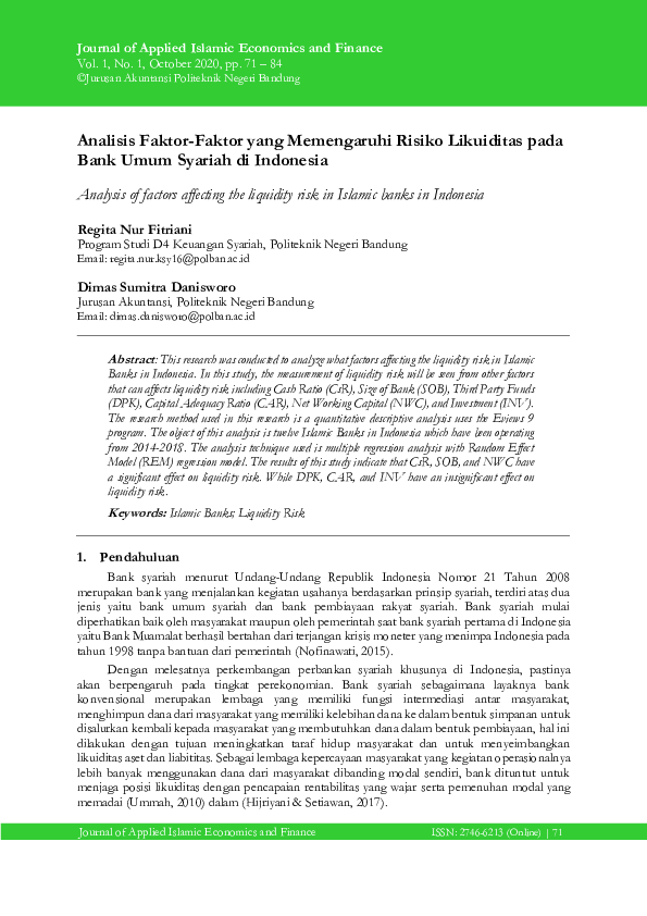 (PDF) Analisis Faktor-Faktor yang Memengaruhi Risiko Likuiditas pada Bank Umum Syariah di Indonesia
