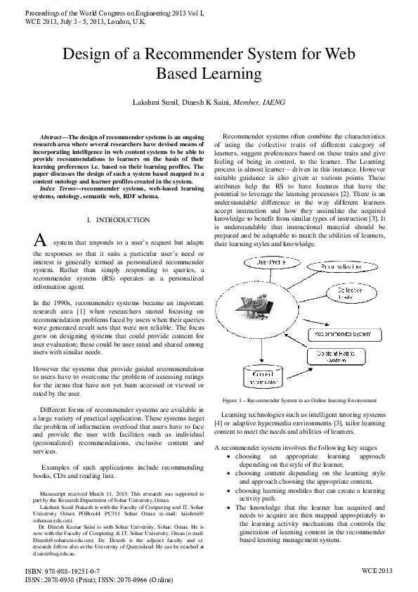(PDF) Design of a recommender system for web based learning