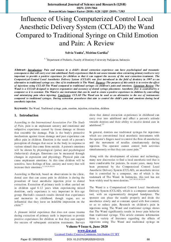 (PDF) Influence of Using Computerized Control Local Anesthetic Delivery ...
