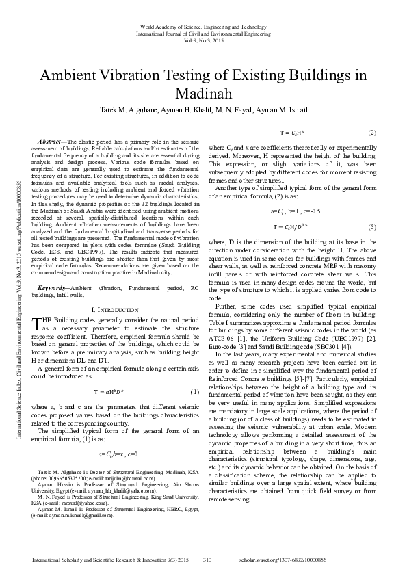 (PDF) Ambient Vibration Testing Of Existing Buildings In Madinah