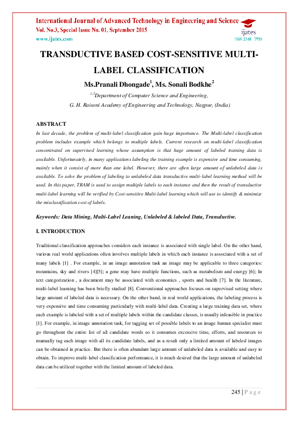 (PDF) Transductive Based Cost-Sensitive Multi- Label Classification