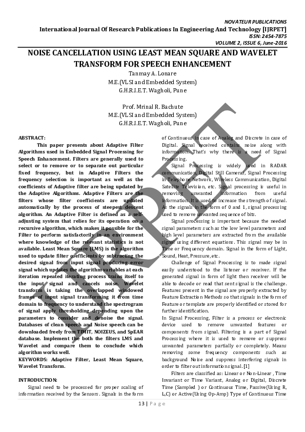 Pdf Noise Cancellation Using Least Mean Square And Wavelet Transform