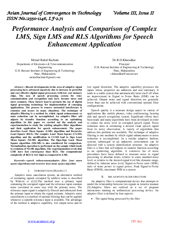 Pdf Performance Analysis And Comparison Of Complex Lms Sign Lms And Rls Algorithms For Speech