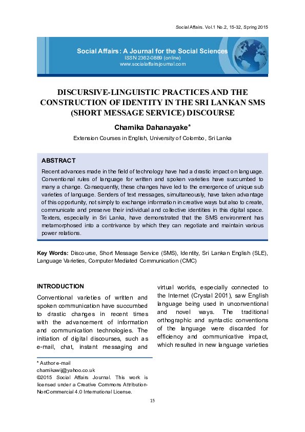 (PDF) Discursive-Linguistic Practices and the Construction of Identity in the Sri Lankan SMS ...