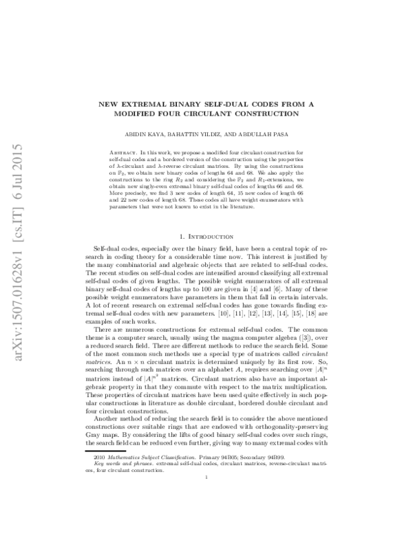 Pdf New Extremal Binary Self Dual Codes From A Modified Four Circulant Construction