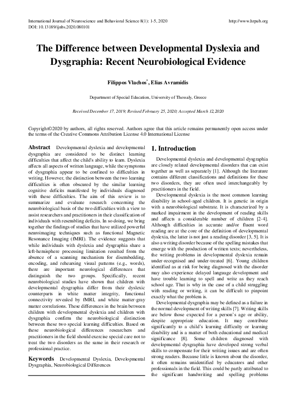 (PDF) The Difference between Developmental Dyslexia and Dysgraphia ...