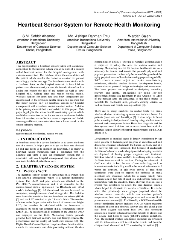 (PDF) Heartbeat Sensor System for Remote Health Monitoring