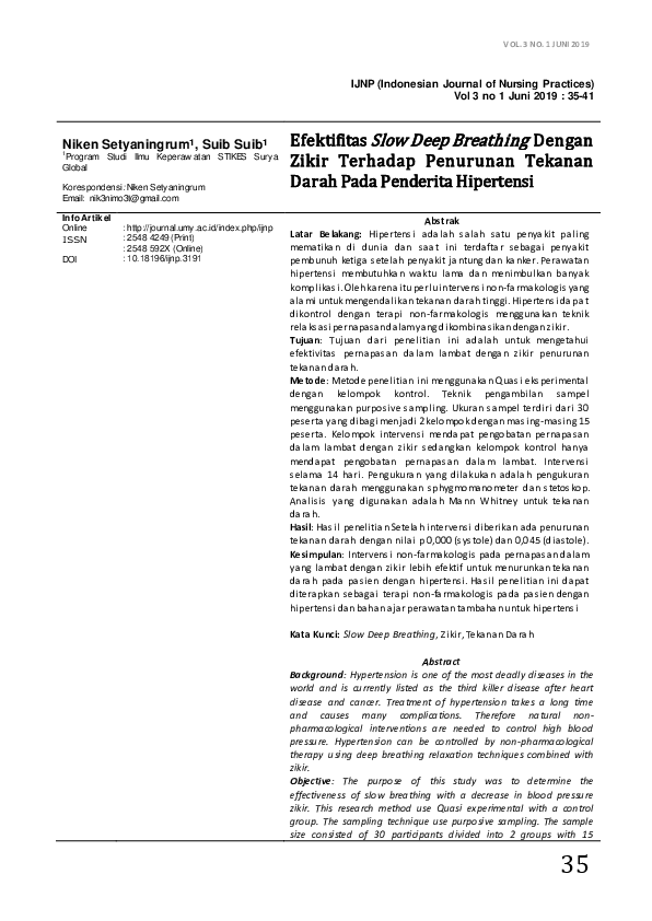 (PDF) Efektifitas Slow Deep Breathing Dengan Zikir Terhadap Penurunan Tekanan Darah Pada ...