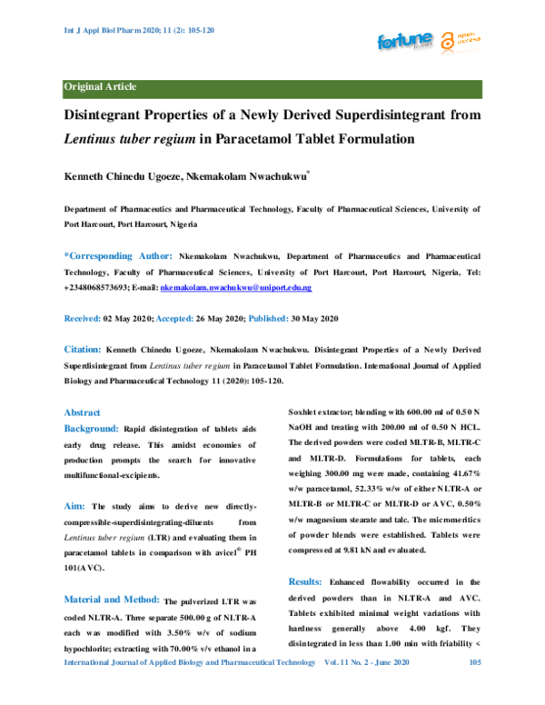 (PDF) Disintegrant Properties of a Newly Derived Superdisintegrant from ...