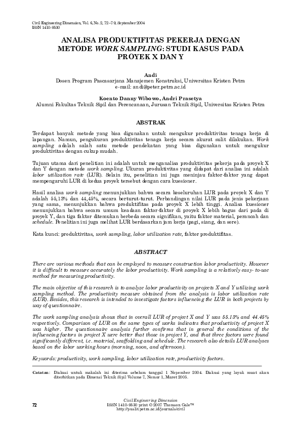 (PDF) Analisa Produktifitas Pekerja Dengan Metode Work Sampling Studi ...