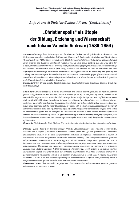 (PDF) Christianopolis" als Utopie der Bildung, Erziehung und ...