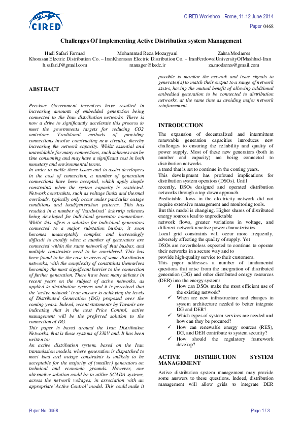 Pdf Challenges Of Implementing Active Distribution System Management