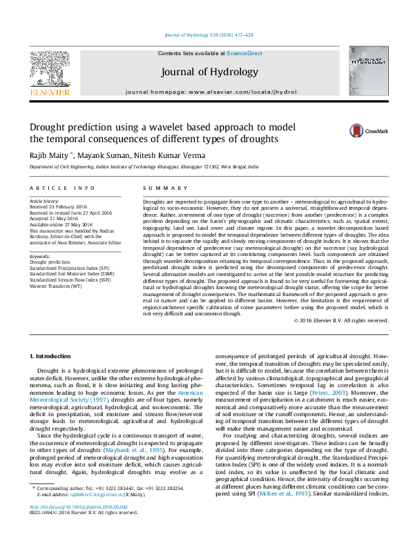 (PDF) Drought prediction using a wavelet based approach to model the ...