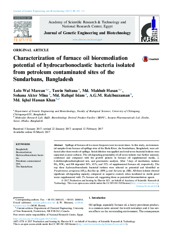 (PDF) Characterization of furnace oil bioremediation potential of hydrocarbonoclastic bacteria ...