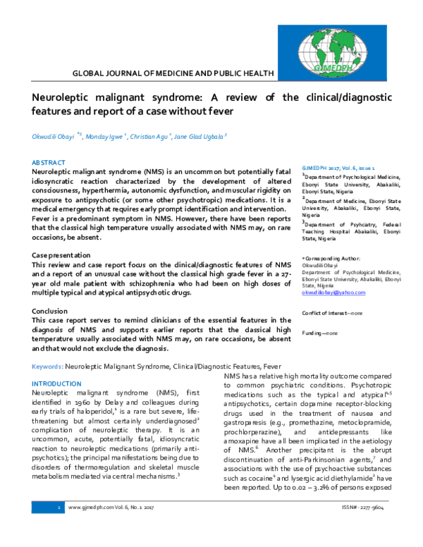(PDF) Neuroleptic malignant syndrome: A review of the clinical ...