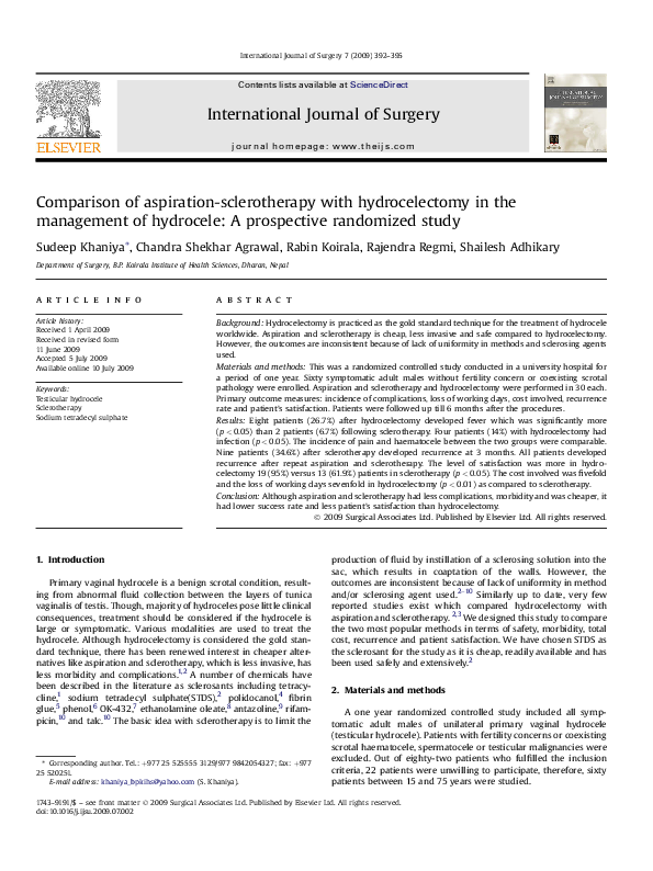 (PDF) Comparison of aspiration-sclerotherapy with hydrocelectomy in the ...