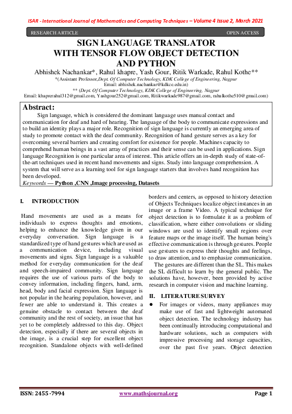 Pdf Sign Language Translator With Tensor Flow Object Detection And Python 7532