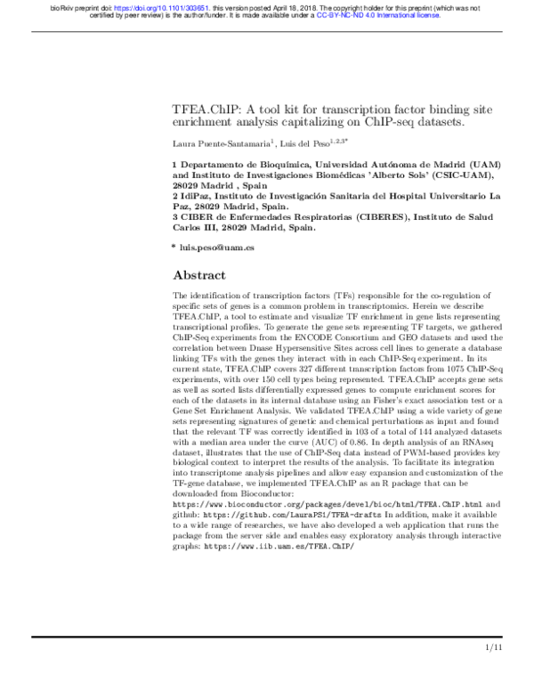 (PDF) TFEA.ChIP: A tool kit for transcription factor binding site ...
