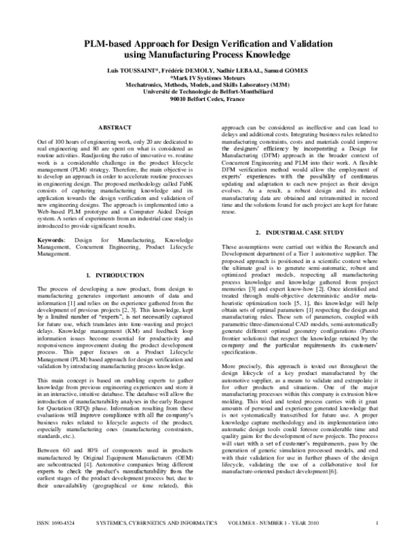 Pdf Plm Based Approach For Design Verification And Validation Using Manufacturing Process