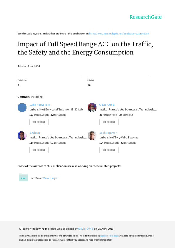 (PDF) Impact of Full Speed Range ACC on the Traffic, the Safety and the ...