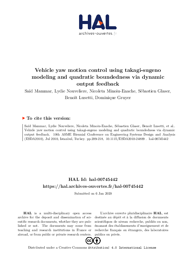 (PDF) Vehicle Yaw Motion Control Using Takagi-Sugeno Modeling and Quadratic Boundedness via ...