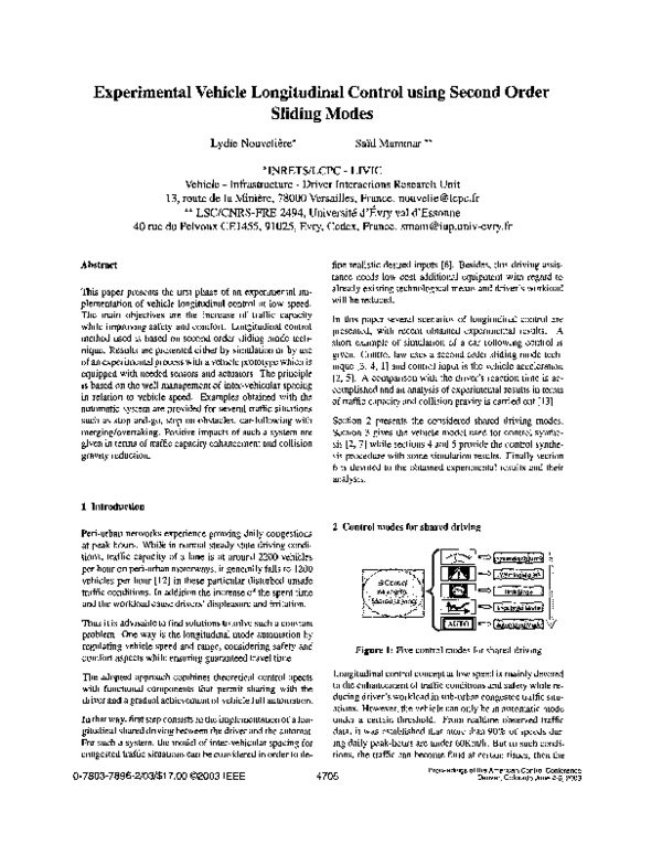 (PDF) Experimental vehicle longitudinal control using a second order ...