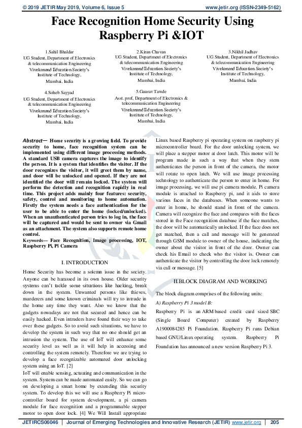 (PDF) Face Recognition Home Security Using Raspberry Pi &IOT