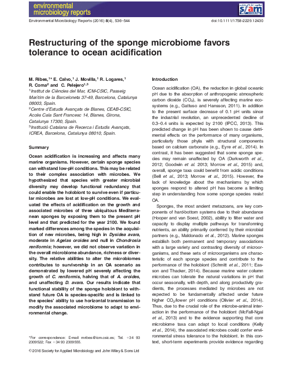 (PDF) Restructuring of the sponge microbiome favors tolerance to ocean acidification