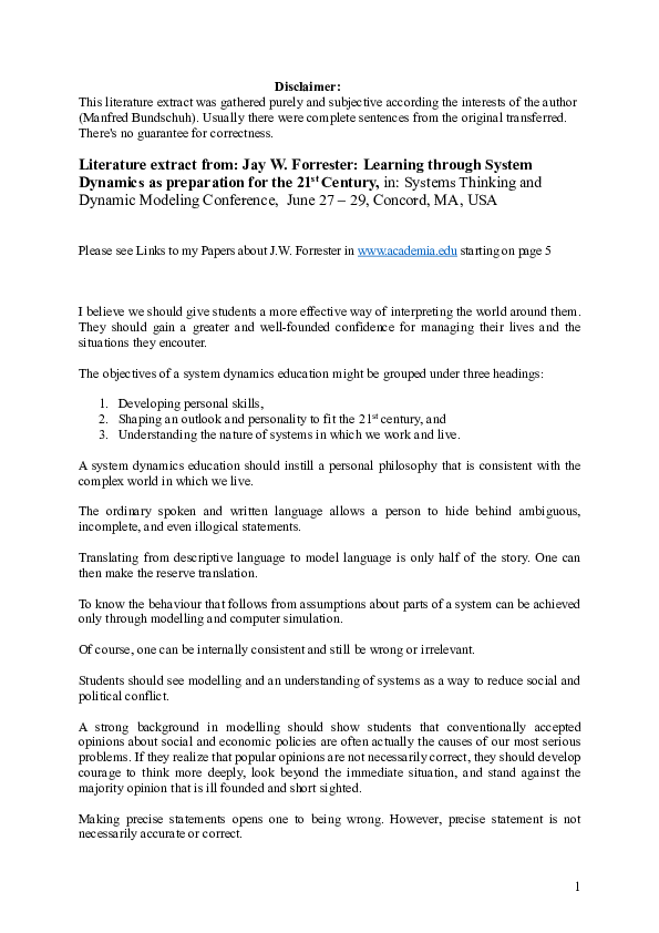 (PDF) Literature extract from: Jay W. Forrester: Learning through ...