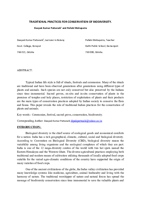 (DOC) Traditional Practices for Conservation of Biodiversity